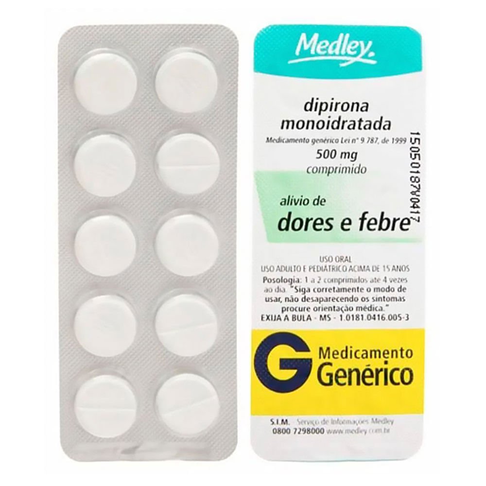DIPIRONA SODICA 500MG C/10 COMP MEDLEY - alexfarma
